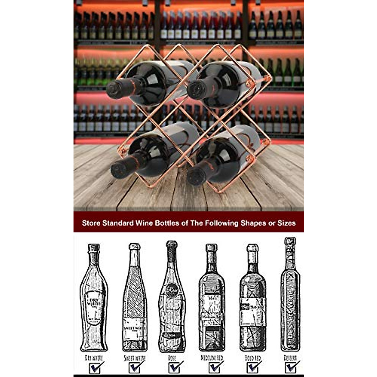DreamiDeco Tabletop Wine Holder, Metal Countertop Wine Rack Freestanding, Hold 6 Wine Bottles,Perfect for Home Decor & Kitchen Storage, Bar, Wine Cellar, Cabinet, Pantry,Bar (Rose Gold, 2 Packs)