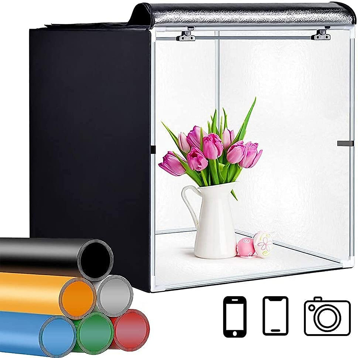 Lightbox, GLZ 24x24 Inch Photo Studio Light Box Shooting Tent Kit with Dimmable and Movable LED Lights, Carry Bag and 6 Color backdrops for Photoshoot (White Black Orange Blue Green Red)