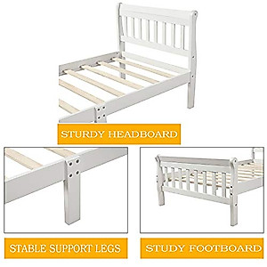 Voohek Twin Size Platform Bed Frame with Headboard, Footboard and Wood Slat Support, Sleigh Beds with Extra Supporting Legs, No Box-Spring Needed, White
