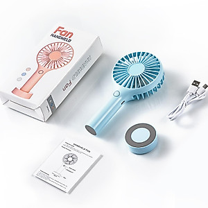 Mini Handheld Fan Portable, Small Portable Hand Held Fan with USB Rechargeable Battery, 3 Speed Personal Desk Table Fan with Base, Makeup Eyelash Fan for Women Kids Travel Indoor Outdoor, Blue