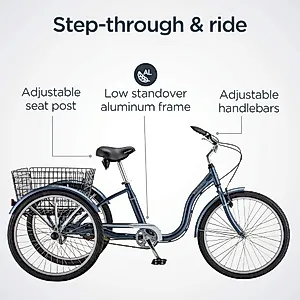 Schwinn Meridian Adult Tricycle Bike, Mens and Womens Three Wheel Beach Cruiser, 24-Inch Wheels, Low Step-Through Frame, Wide Seat, Rear Folding Basket, 1-Speed, Slate Blue