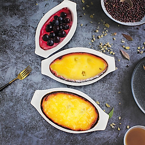 jinsongdafa Ceramic Oval Au Gratin Baking Dishes 7 oz, Set of 4 Banana Split Bowls, Oven and Microwave Safe, for 1 person servings, Bakeware with Double Handle for Kitchen and Home,8.3 Inch