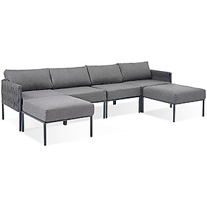 LOUHME 6-Pieces Aluminum Patio Furniture Set, Modern Metal Outdoor Conversation Set Sectional Sofa Set with Removable Olefin Extra Thick Cushions for Outdoor Space, Gray