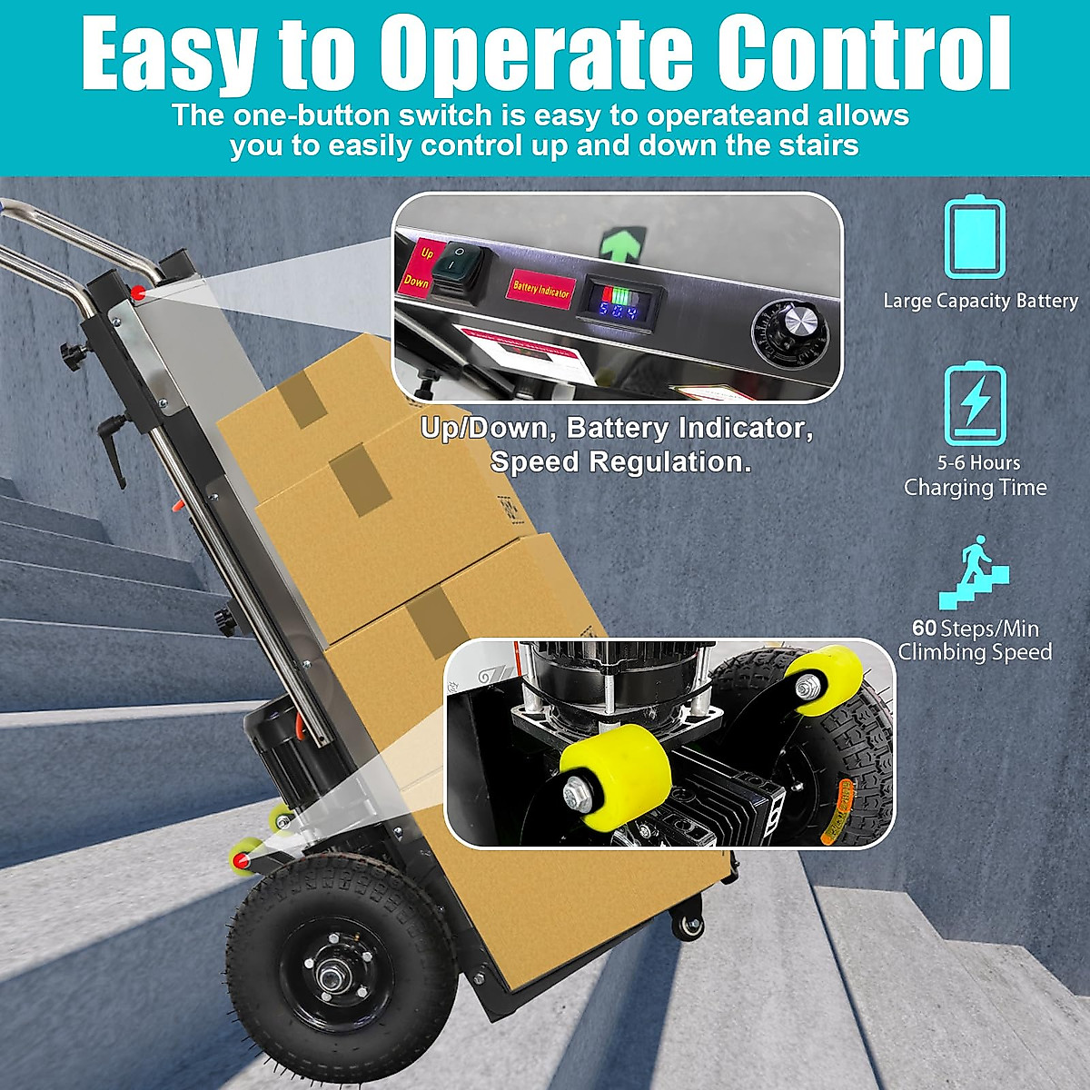 ROOMEDAL Electric Stair Climbing Hand Trucks Dolly Cart for Moving, 880lb Capacity Heavy Duty, with Folding Handle & Solid Wheel & Brakes