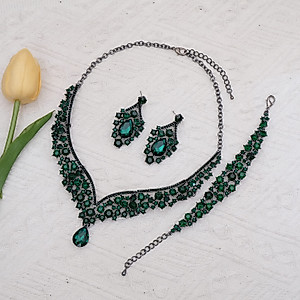 chaoyite Women's Statement Necklace Earrings Link Bracelet Set for Bride Austrian Crystal Wedding Bridal Costume Jewelry Sets (green crystal-black tone)