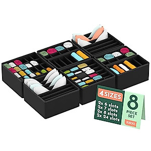 Dresser Organizer, [8 Pk] Black Fabric Dresser Drawer Organizers (4 Sizes With 90 Slots) Foldable Underwear Drawer Organizer Breathable Bins for Bra, Lingerie, Socks, Scarves, Belt, Tie, Baby Clothes.