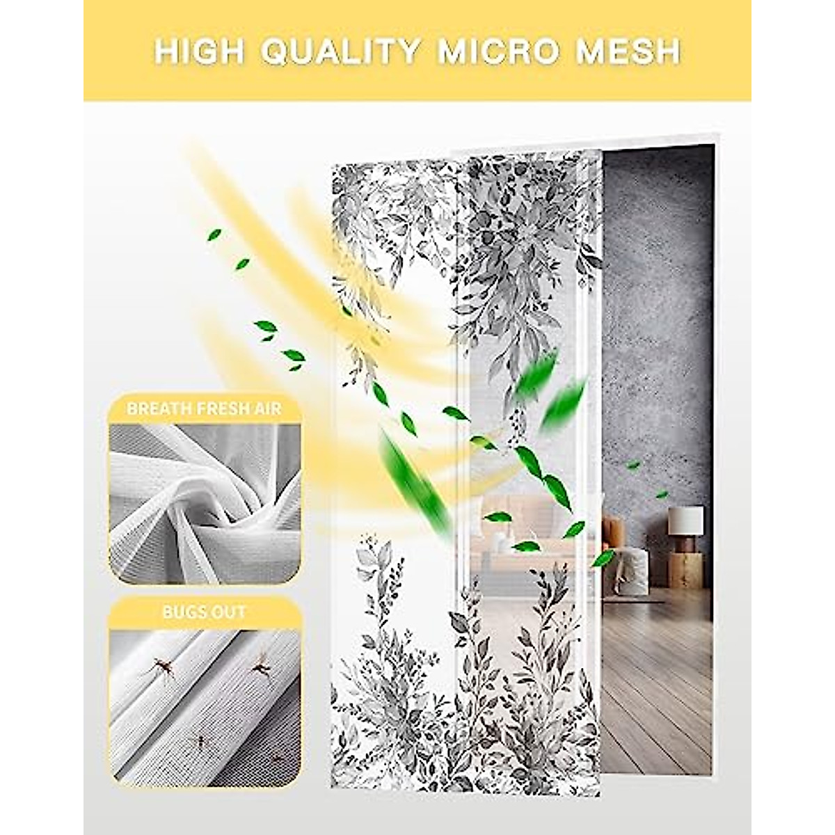 ZOE GARDEN Grey Eucalyptus Magnetic Screen Door for Sliding/Single/French Doors, Self Sealing Magnets Patio Door Screen Heavy Duty Mesh Curtain, Fall Leaves Country Rustic Chic Flower