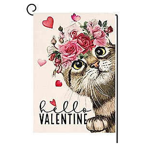 Valentines Cat Garden Flag 12x18 Vertical Double Sided Red Pink Rose Love Heart Spring Farmhouse Holiday Outside Decorations Burlap Yard Flag BW237