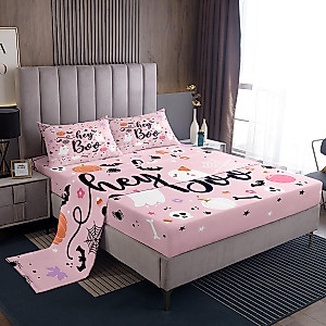 Manfei Pink Ghosts Sheet Set Full Size, Halloween Theme Bedding Set for Kids Girls Teens, Gothic Skull Spider Bat Pumpkin Bed Sheet Set 4pcs with Deep Pocket Fitted Sheet + Flat Sheet + 2 Pillowcases