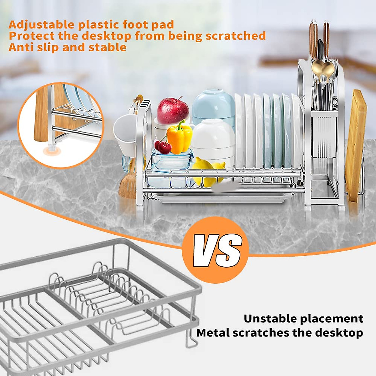 SPAKITCHCE Large Dish Rack Dry Drainer - Stainless Steel Dish Dryer Racks Metal Dish Drying Rack with Draining Drainboard Cutting Board for Kitchen Counter Saving Space