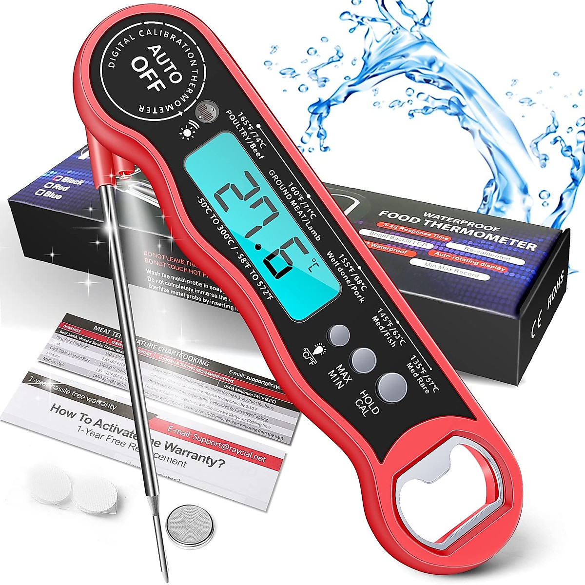 Meat Thermometer Instant Read Digital Kitchen Thermometer BBQ Thermometer with 3s Instant Reading, IPX7 Waterproof and LCD Display