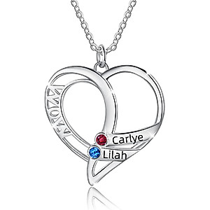Bemobeauty Mothers Necklace, Birthstone Necklace for Mom Personalized 2 Birthstone & Name Necklaces for Women Heart Shape Pendent Necklace for Grandma Mom Customized Jewelry Gifts