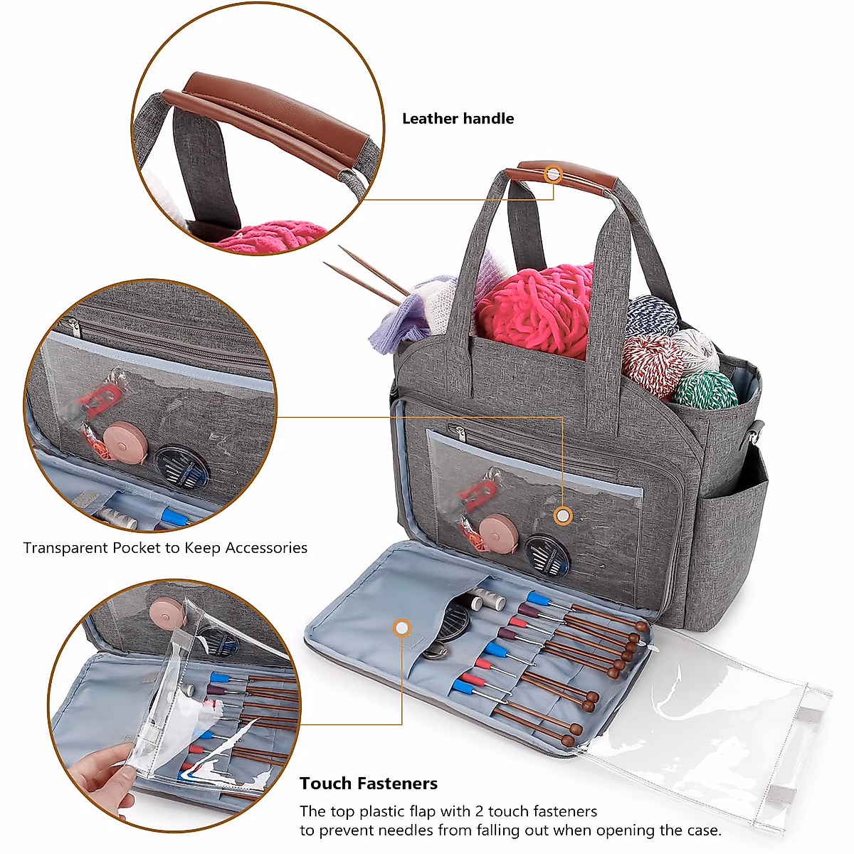 Knitting Bag Yarn Storage Tote - Yarn Storage Organizer, Crochet Organizer Bag with Crochet Hooks, Yarn Skiens, Knitting Needles and Accessories Christmas Gift(Grey)