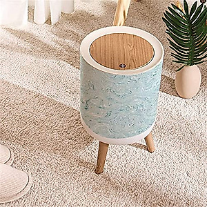 Small Trash Can with Lid Aegean Teal Mottled Swirl Marble Nautical Texture Summer Coastal Round Recycle Bin Press Top Dog Proof Wastebasket for Kitchen Bathroom Bedroom Office 7L/1.8 Gallon