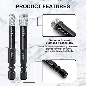 Quapkatt Dry Diamond Drill Bits Set 5 PCs for Granite Tile Ceramic Marble Stone Glass Size 1/4, 5/16, 3/8, 1/2, 5/9 inch with Quick Change Hex Shank Vacuum Brazed Diamond Core Drill Bit Kit