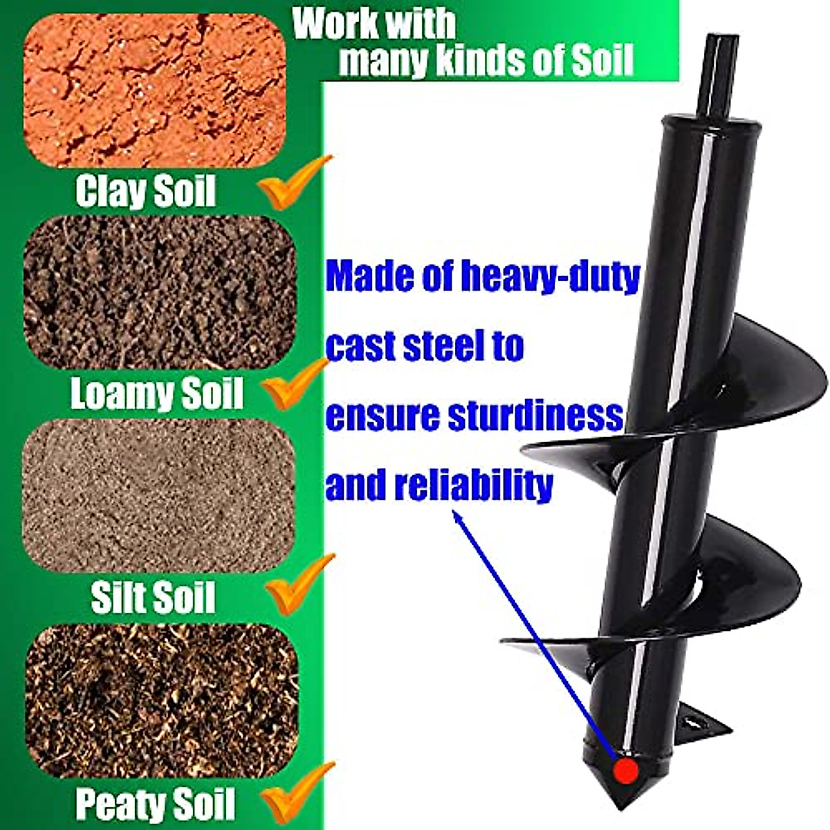 4" x 12" Easy Planter Garden Auger - Seedlings & Bedding Plant, Umbrella Hole Digger Ice Hole Digger Solid Shaft Auger,Plant Flower Bulb Auger Post Hole Digger for 3/8” Hex Drive Drill