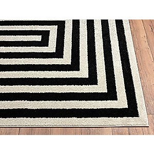 Abani Contemporary Black &amp; Ivory 7&#039;9&quot; x 10&#039;2&quot; Area Rug, Contrasting Geometric Modern Stripe Symmetrical Living Room Carpet Rugs