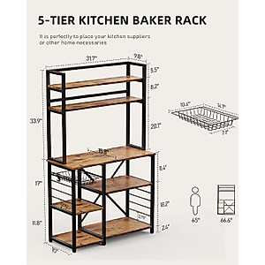 Gizoon Home Kitchen Baker's Rack with Spacious Storage, 5 Tier Versatile Microwave Stand Shelf with Basket & Side Hooks,Free Standing, Sturdy, Durable-Retro