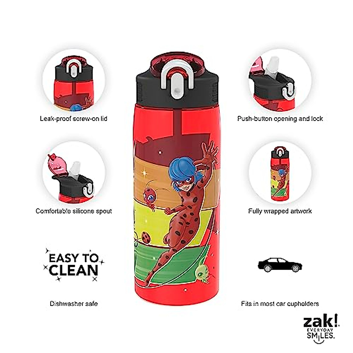Zak Designs Miraculous Ladybug Water Bottle For School or Travel, 25 oz Durable Plastic Water Bottle With Straw, Handle, and Leak-Proof, Pop-Up Spout Cover