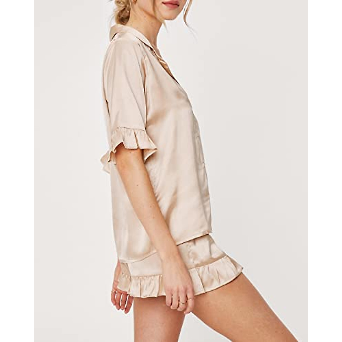 Women's Silk Satin Pajamas Set Ruffle Short Sleeve Sleepwear Button Down Two-Piece Pjs Shorts Set Loungewear Beige