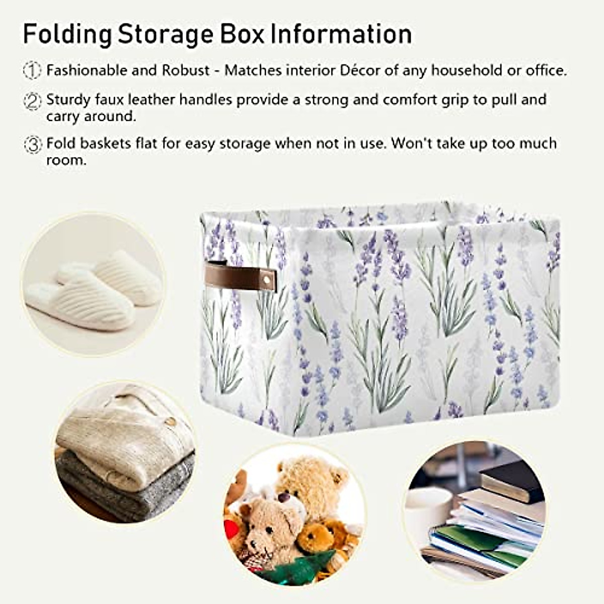 Lavender Flowers Storage Basket Fabric Storage Bin Laundry Baskets, Leaves Green Purple Foldable Storage Boxes Organizer Bag for Baby Cloth Dog Toy Book Storage Cubes Shelf Closet Basket 16×12×8
