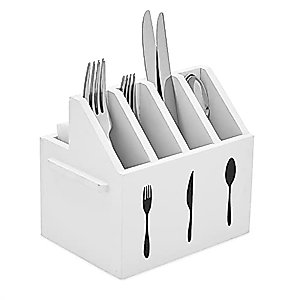 Wooden Utensil Holder, Silverware Caddy for Kitchen (7 x 5.5 x 6.6 In, White)