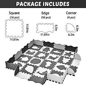 FUN LITTLE TOYS 36PCS Foam Play Mats for Baby, Soft Foldable Interlocking Foam Floor Tiles Puzzle Mat with Fence for Kids Toddlers Childrens Playpen Playroom Crawling 56 x 56 Grey