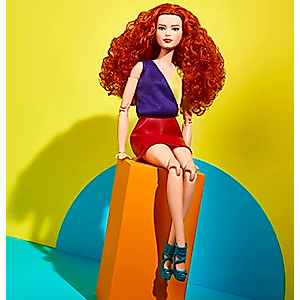Barbie Looks Doll with Curly Red Hair Dressed in Color Block Top and Glossy Pleather Skirt, Posable Made to Move Body