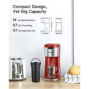 Single Serve Coffee Maker, with Reusable Ground Basket and Pod Holder, Easy to Use and Clean, One Cup Coffee Maker with Bold Brew, Descaling Reminder, Fits Travel Mug, 6 to 14 Oz Brew Size, Red
