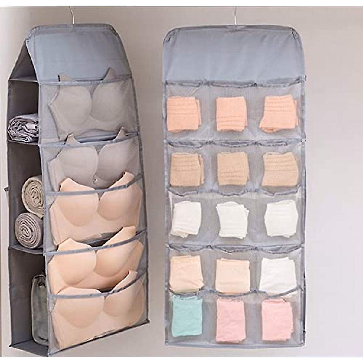 LCXEGO Dual Side Closet Hanging Organizer,3 Shelf Hanging Closet Organizer with Rotating Hanger and Mesh Pocket Bra Underwear Socks Towel Handbag Storage Oxford Bags (3+5+15Pockets, Gray)