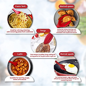 K & G Silicone Cooking Utensils Set 11 pcs red kitchen utensils set with holder, spatula, whisk, tongs, soup ladle, silicone spoon & more. Non-stick, dishwasher safe, odorless, cookware set friendly