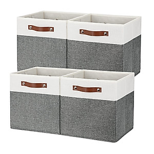 Temary Storage Cubes 12×12 Fabric Cube Storage Bins Foldable Storage Baskets with Handles, Decorative Storage Boxes for Organizing, Home, Shelf, Closet (White & Grey, 12 x 12 x 12)