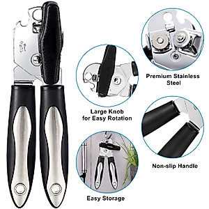 Chirano Can Opener, 3-in-1 Manual Can Openers, Jar Opener and Bottle Opener in One (Black and Silver)