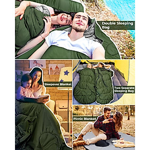 Ohuhu Double Sleeping Bag with 2 Pillows, Waterproof Lightweight 2 Person Adults Sleeping Bag for Camping, Backpacking, Hiking, with Carrying Bag (Green)