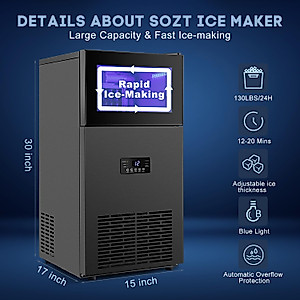 Upgraded Commercial Ice Maker 130LBS/24H with 35LBS Storage Bin, 15" Wide Frosted Black Undercounter/Freestanding Ice Maker Machine for Home Bar Outdoor, 45PCS Ice Cubes Ice Machine, Self Cleaning