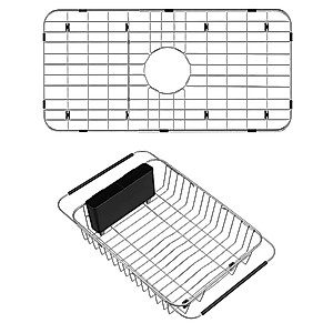 SANNO Expandable Dish Drying Rack Over The Sink Dish Drainer Kitchen Sink Grate Sink Protector for Kitchen Sink, Stainless Steel