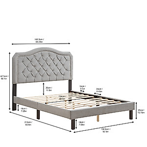 Prohon Queen Platform Bed with Tufted Trim Headboard, Upholstered Bed Frame Curved Bedframes for Kids, Teen & Adults, No Box Spring Needed, 83.8"L x 69.29"W x 42.5"H, Grey