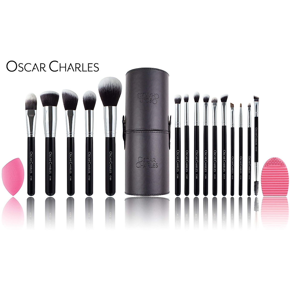 Oscar Charles 17 Piece Professional Makeup Brush Set: Make up brushes with Case, Beauty Blender, Brush Cleaner, Product Guide and Gift Box