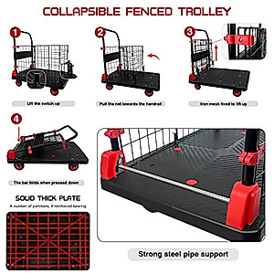 Platform Truck Cart with Cage, Foldable Push Cart Dolly 880lb Capacity w/ 5'' TPR 360 Degree Swivel Wheels, Heavy Duty Moving Portable Hand Trucks for Warehouse, Groceries, Garage
