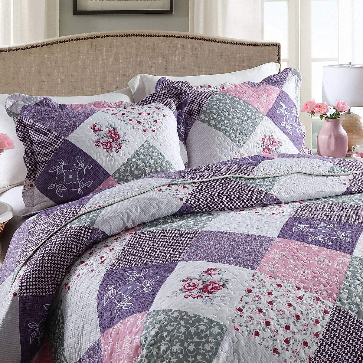 HoneiLife King Size Quilt Set - 3 Piece Microfiber Quilts Reversible Bedspreads Patchwork Coverlets Floral Bedding Set All Season Quilts-Purple Rose