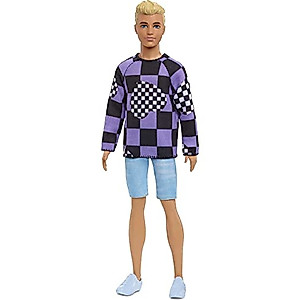 Barbie Fashionistas Ken Fashion Doll #191 with Blonde Cropped Hair in Checkered Sweater, Denim Shorts & White Sneakers