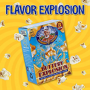 Cousin Willie's Microwave Popcorn Bags, Buttery Explosion (4 Boxes, 12 Bags), Gourmet Popcorn Boxes for Party, Whole Grain Popcorn, Gluten Free, Low Calorie Healthy Snack, Made in USA, non-GMO