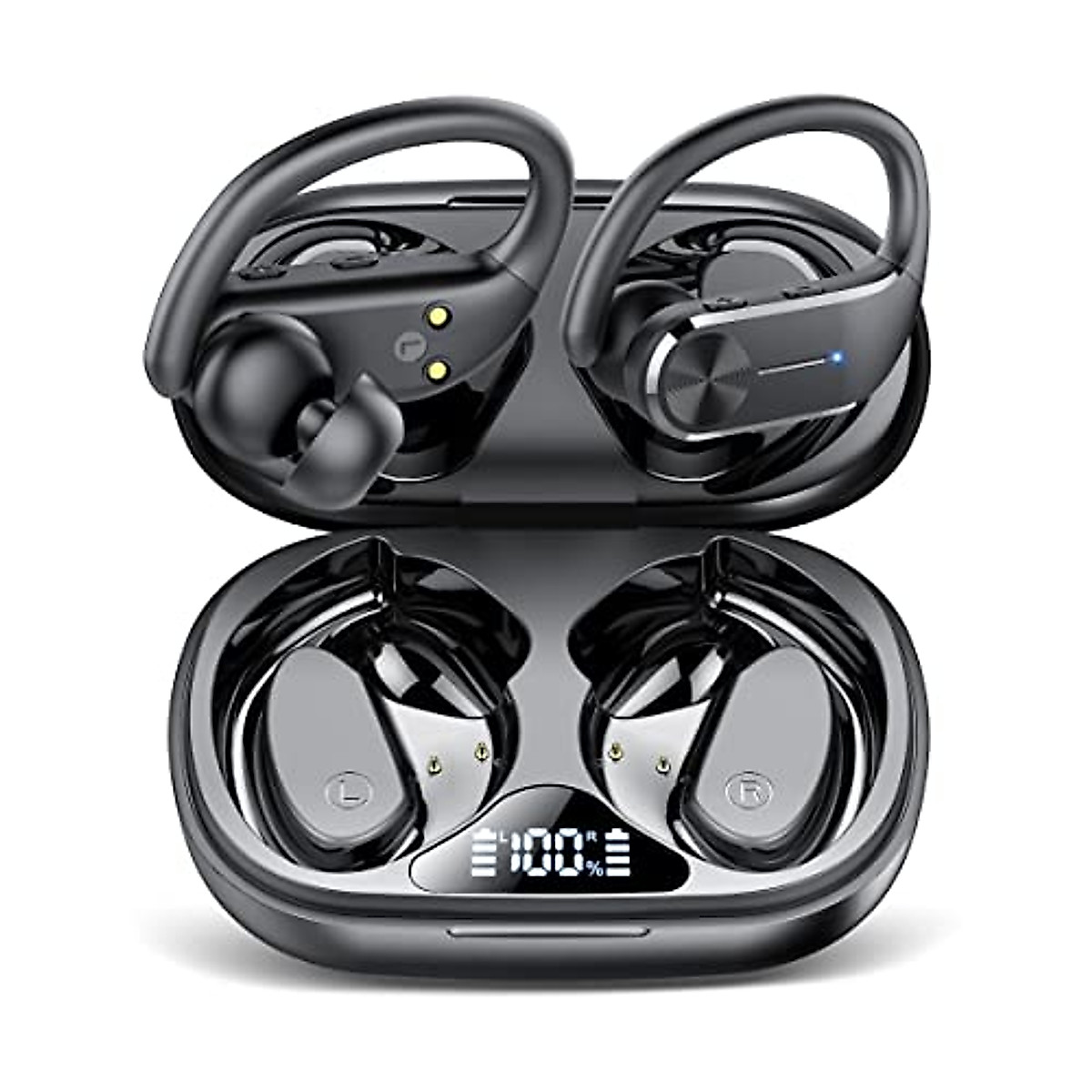 hadbleng Wireless Earbuds Bluetooth 5.3 Headphones 48Hrs Playtime Black Sports Earhooks Over Ear Earphones with LED Display, IPX7 Waterproof Built-in Mic Headset for Workout, Running, Gym