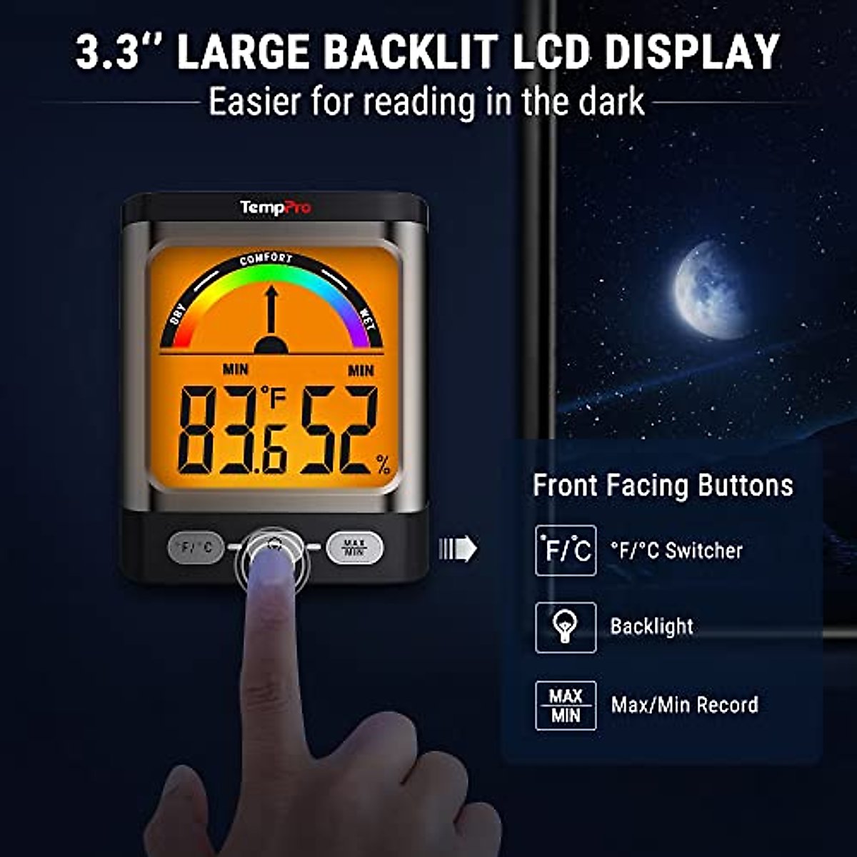 TempPro A52 Hygrometer Indoor Thermometer for Home with Comfort Level Indication Humidity Meter, Large Backlit Display Humidity Sensor with Max/Min Record for Greenhouse Basement Black