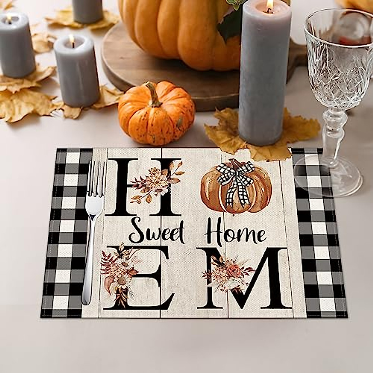 Fall Placemats Set of 4,12x18 Inch Home Sweet Home Buffalo Plaid with Pumpkin Heat-Resistant Place Mats,Seasonal Autumn Table Decors for Farmhouse Kitchen Dining Thanksgiving Holiday Party
