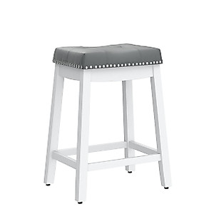 ERGOMASTER Bar Stools Set of 2-24 Inch Counter Stools Height Solid Wood Legs Espresso with Gray PU Cushion for Kitchen Living Room and Bar - White Legs