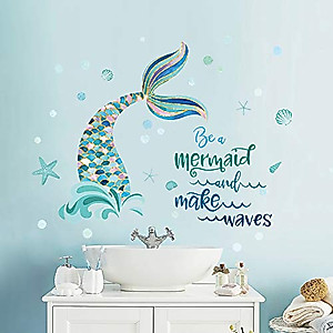 decalmile Mermaid Tail Wall Decals Quotes Be a Mermaid and Make Waves Wall Stickers Baby Nursery Girls Bedroom Bathroom Wall Decor