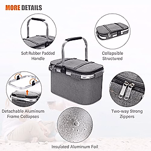 HappyPicnic Cooler Tote Bag 26L, Collapsible Picnic Basket Cooler with Aluminium Handle for Food, Shopping Grocery, Work or Outdoor Hiking Men Woman