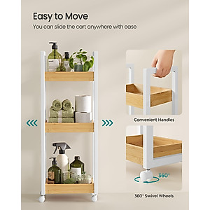 SONGMICS Bamboo Rolling Cart, 3-Tier Utility Cart on Wheels, Slim Narrow Storage Shelf, Bamboo Shelves, Space-Saving, Multifunctional, for Bathroom, Kitchen, White and Natural UBCB083N02