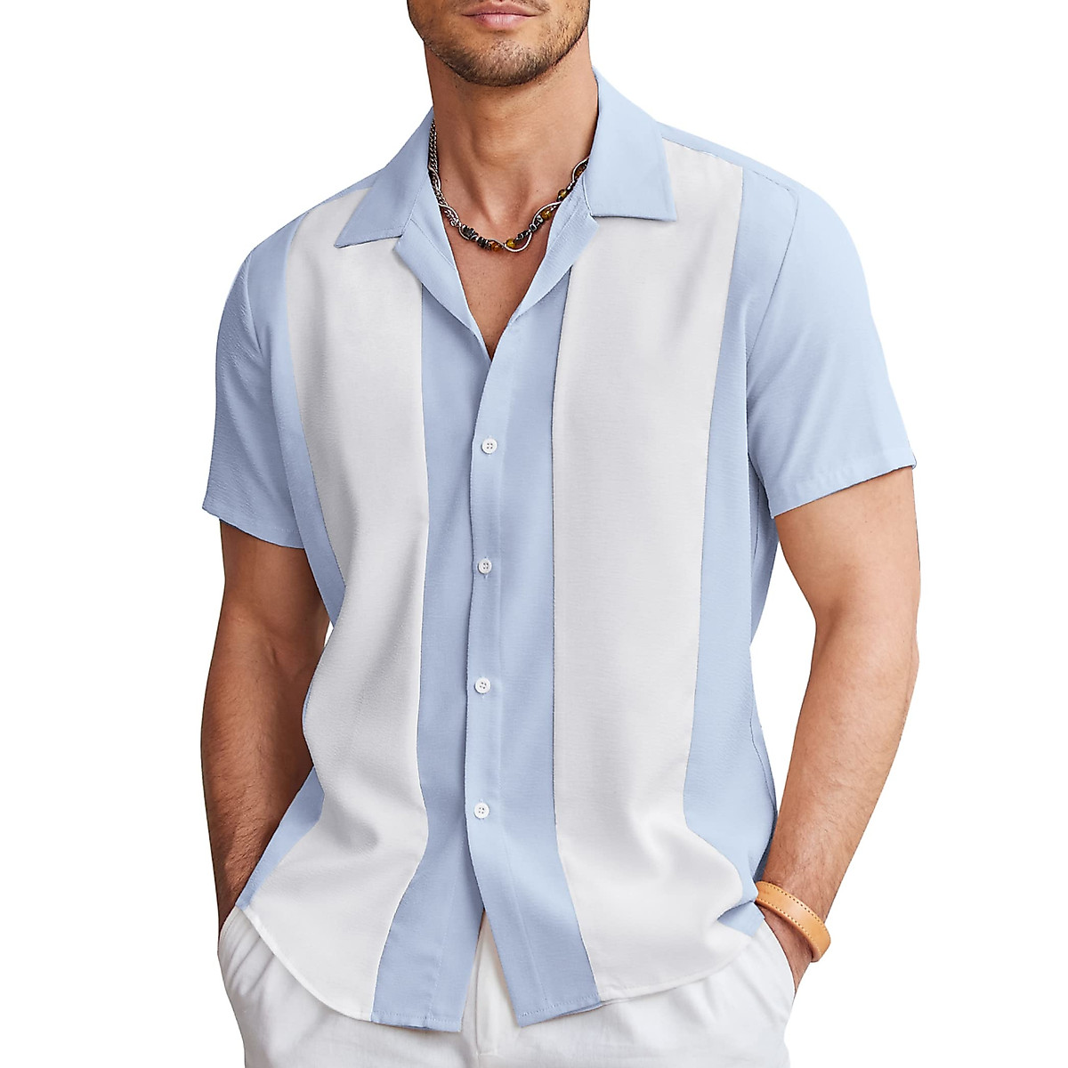 COOFANDY Men's Casual Button Down Shirts Retro Bowling Shirts Beach Wear Clothing Light Blue White